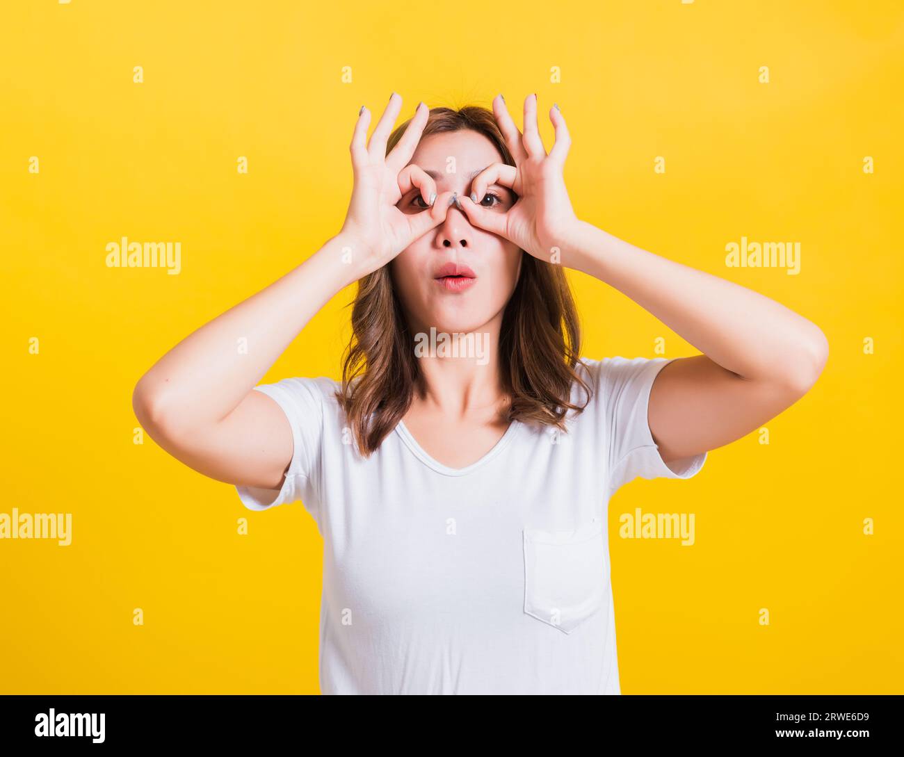 Portrait Asian beautiful young woman made finger OK symbol sign Stock ...