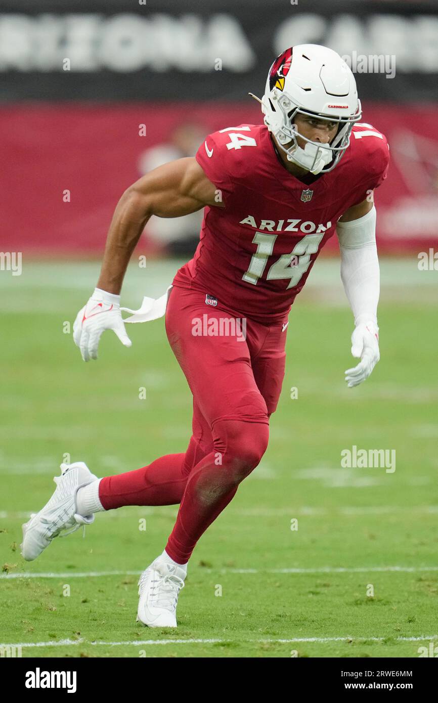 Arizona Cardinals wide receiver Michael Wilson comes off the line to ...