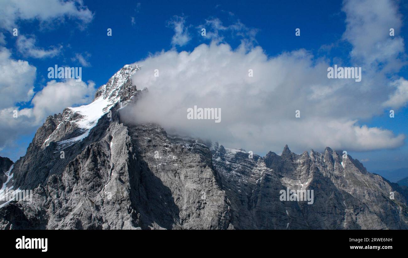 The Watzmann from the south with snowfields in early summer, on the ...