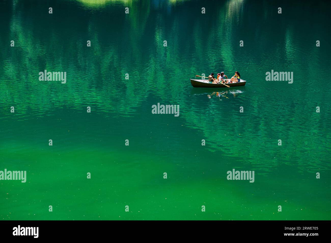 Lake and rowing boat, Seealpsee, Wasserauen, Alpstein, Appenzell Alps ...