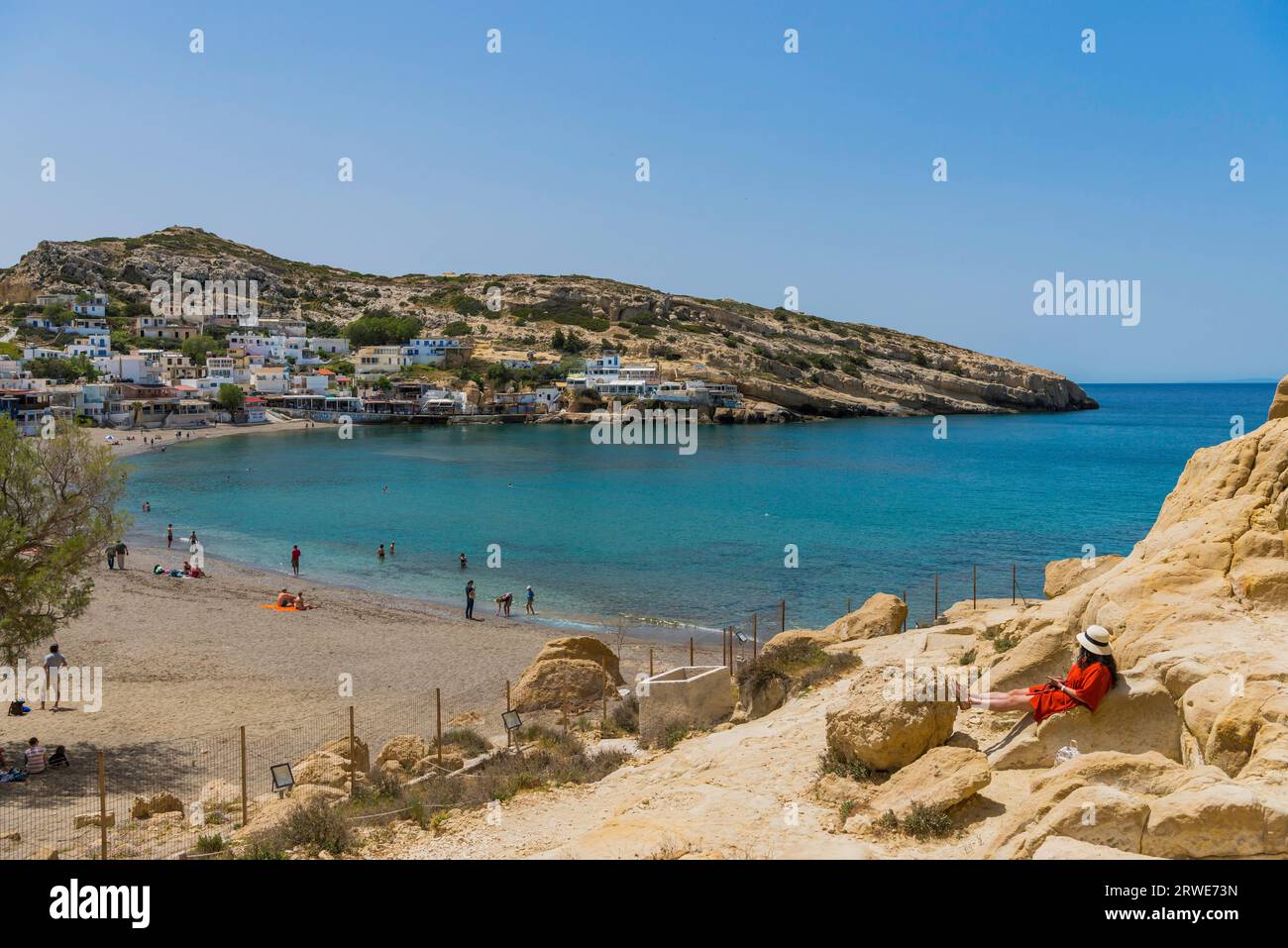 Matala bay, island, sea, village, summer, blue sky, beach, bathing ...