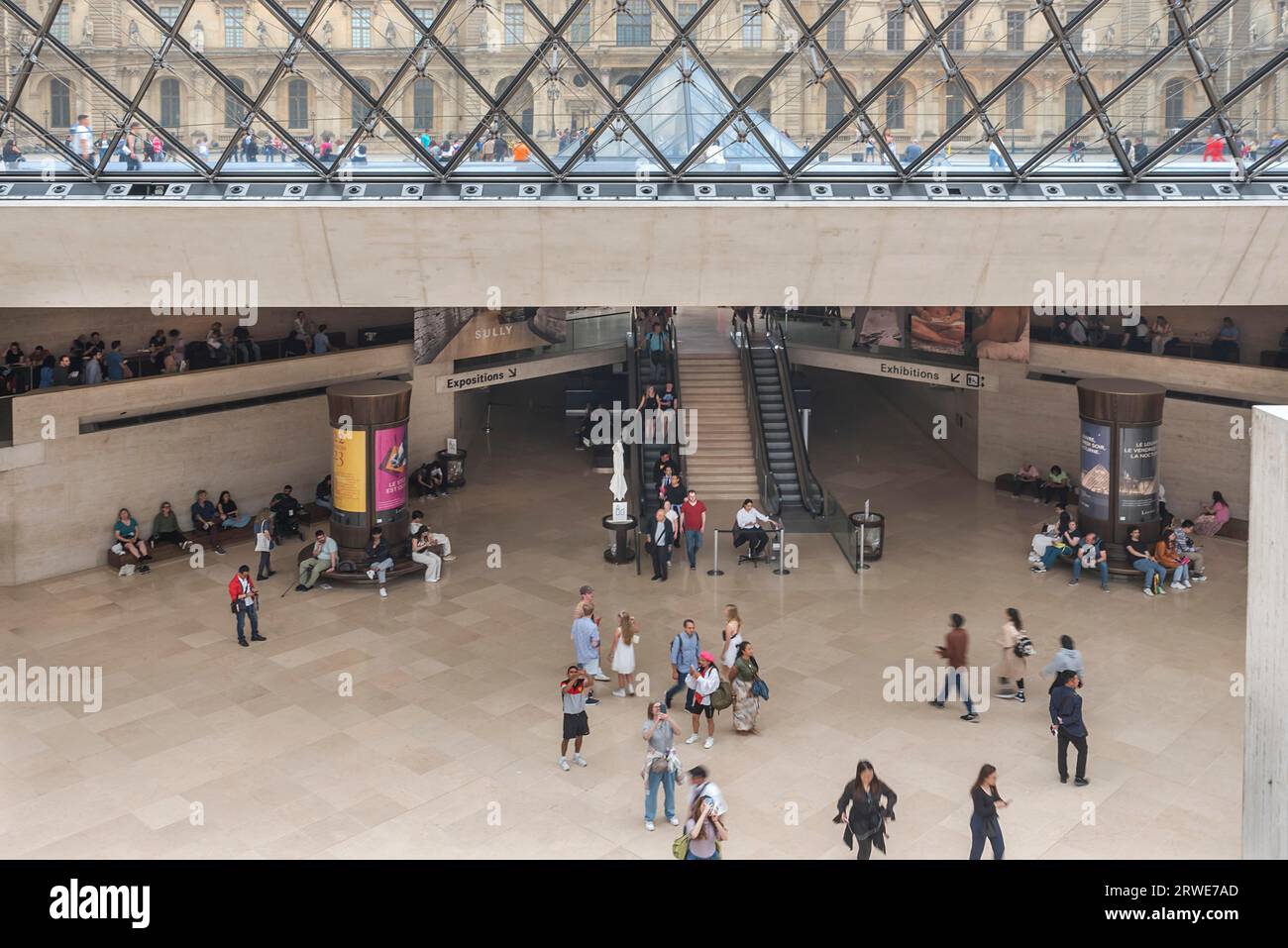 View into the basement of the pyramid, entrance to the Louvre, Paris ...