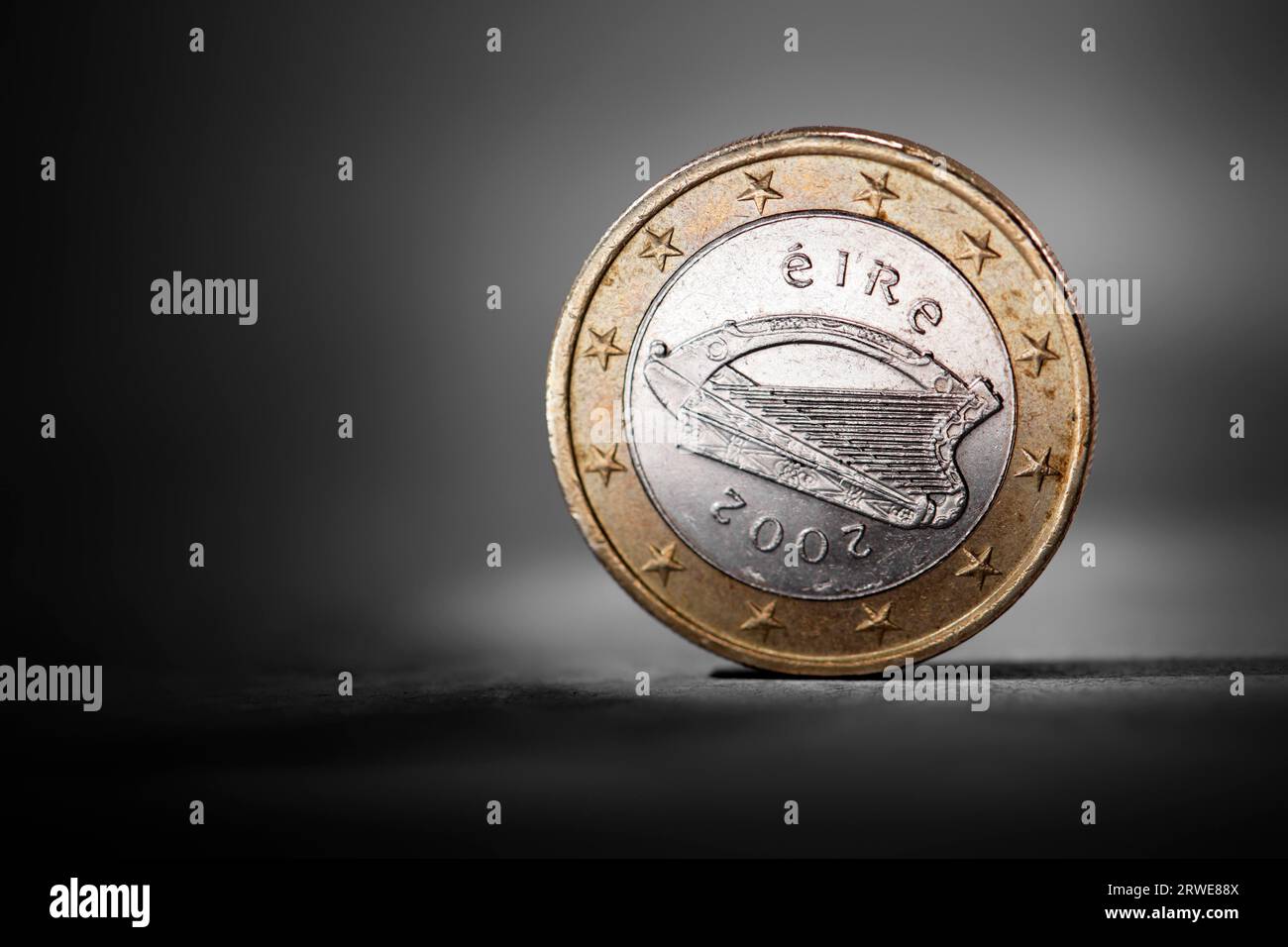 Irish one euro coin showing the national backside. Short depth-of-field ...