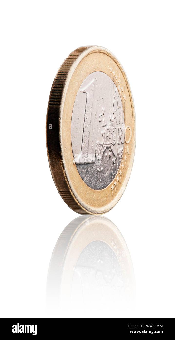 Used 1 euro coin on white with reflection Stock Photo - Alamy