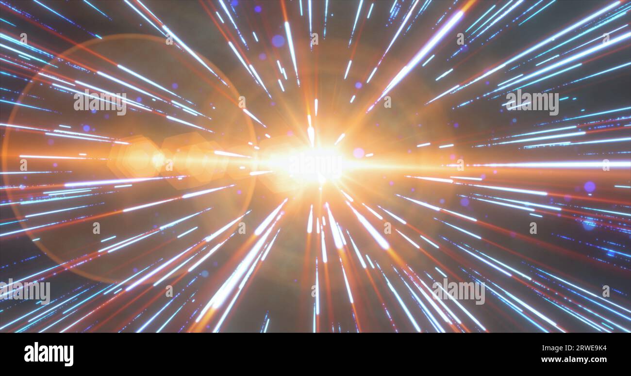 Abstract blue yellow flying stars bright glowing in space with ...