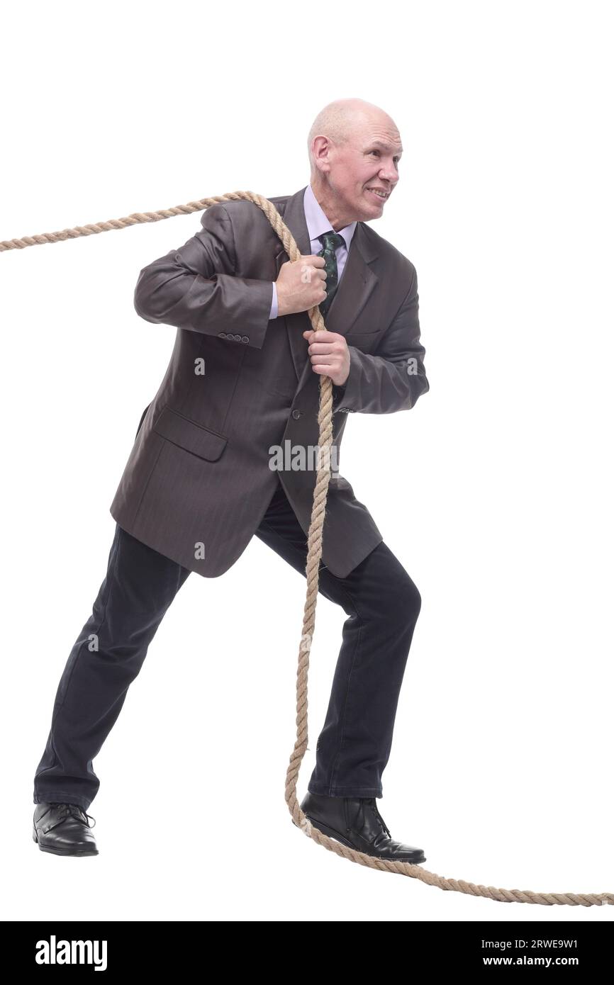 business man pulls a rope. isolated on a white Stock Photo - Alamy