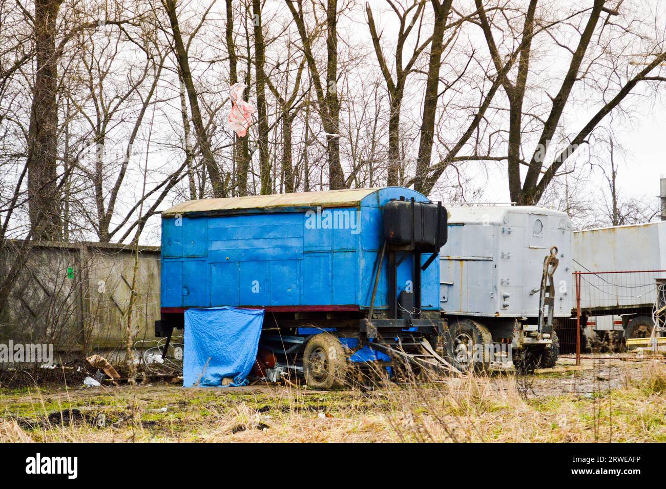 Small temporary houses of builders from containers at an industrial ...