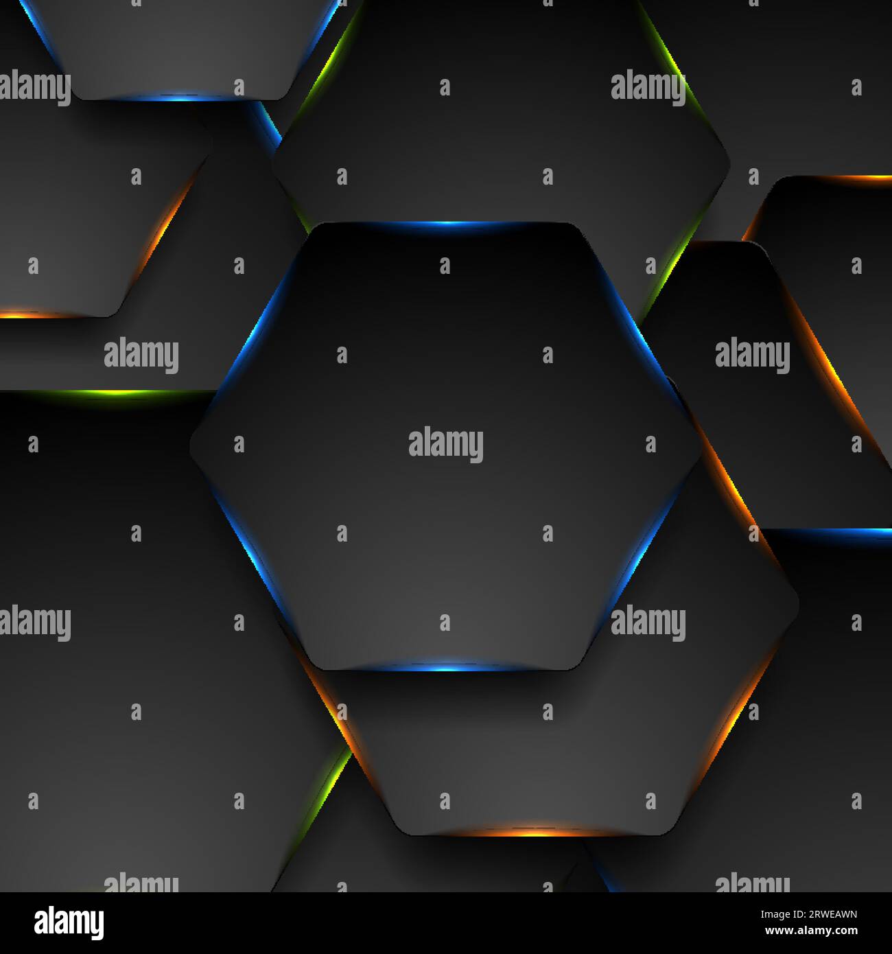 Black tech hexagons with colorful glowing lights abstract background ...