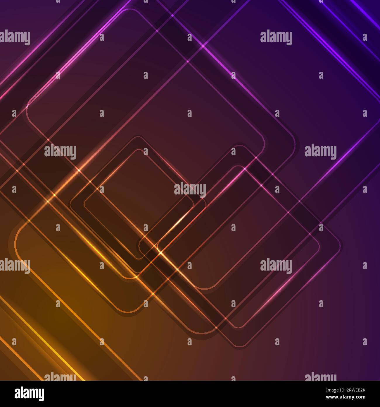 Abstract orange purple shiny geometric tech background with glowing squares. Vector illustration ...