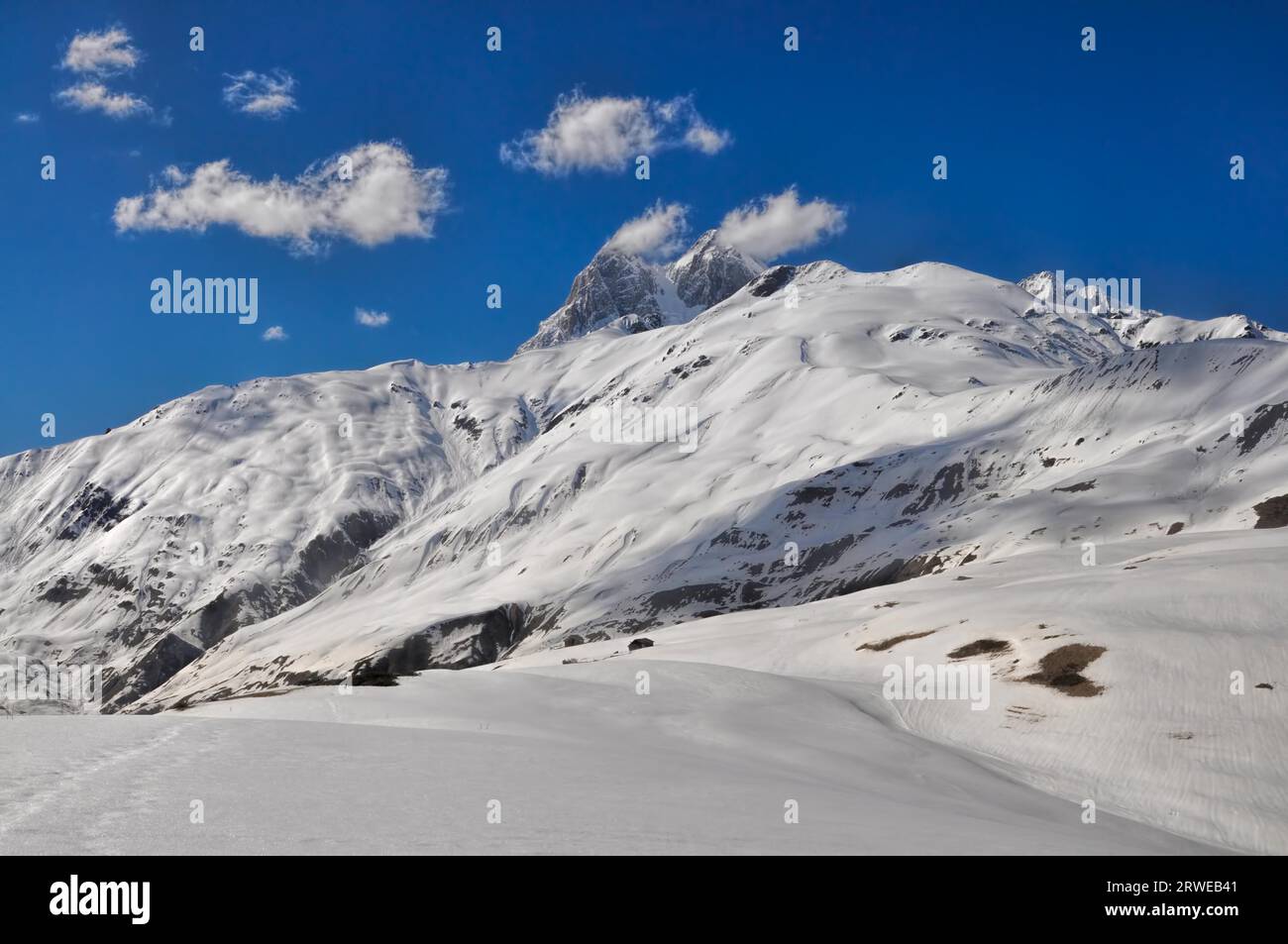 Side view of the mountains descending into a valley, Svaneti province ...