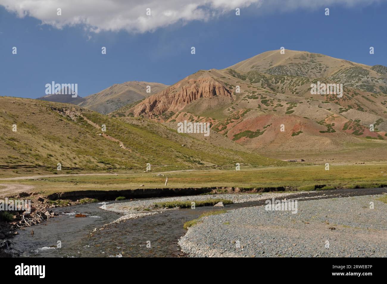 Scenic river in mountainous grassy landscape in Kyrgyzstan Stock Photo ...