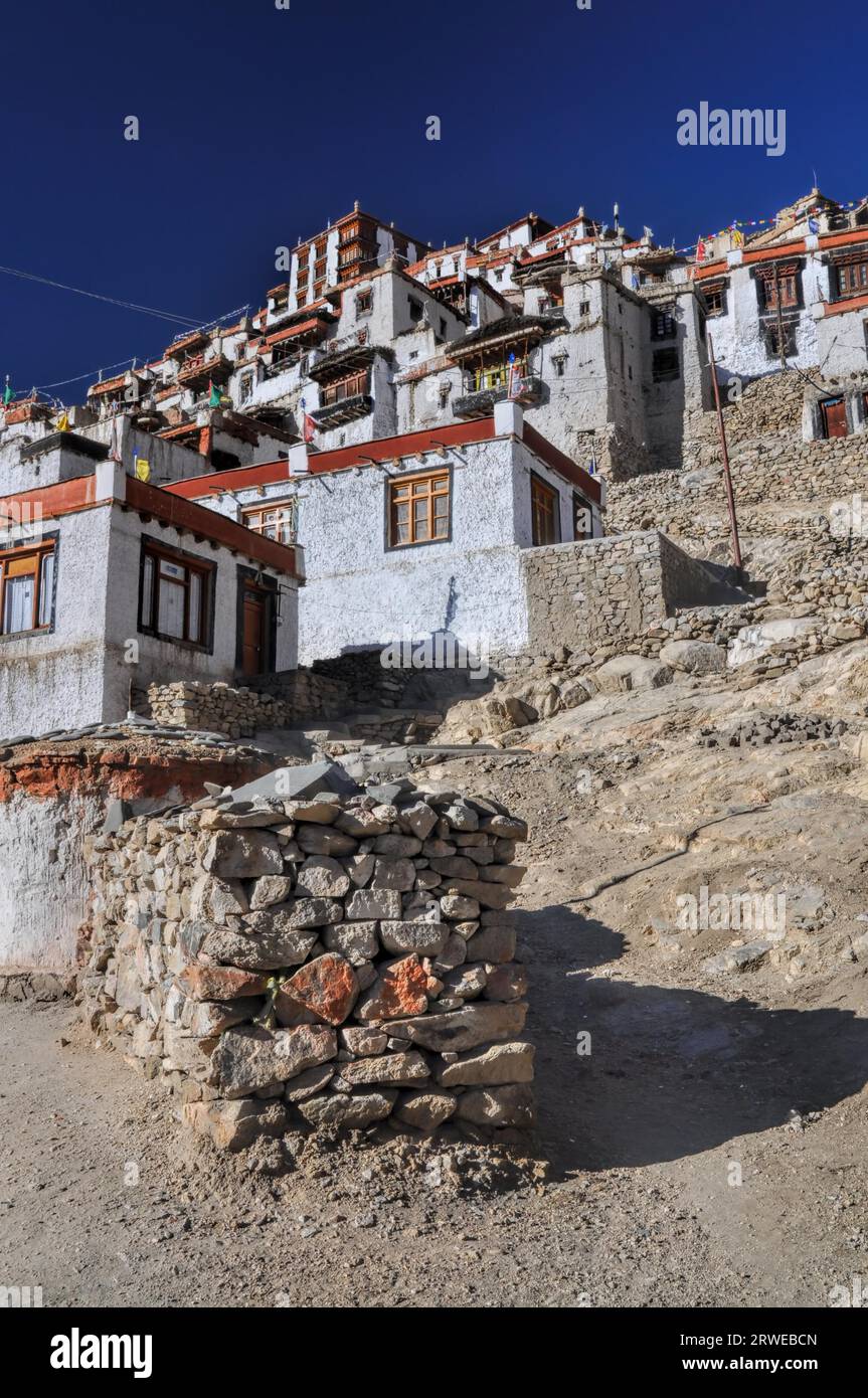 Bottom-up view of shrines and temples of the Buddhist Chemrey monastery ...