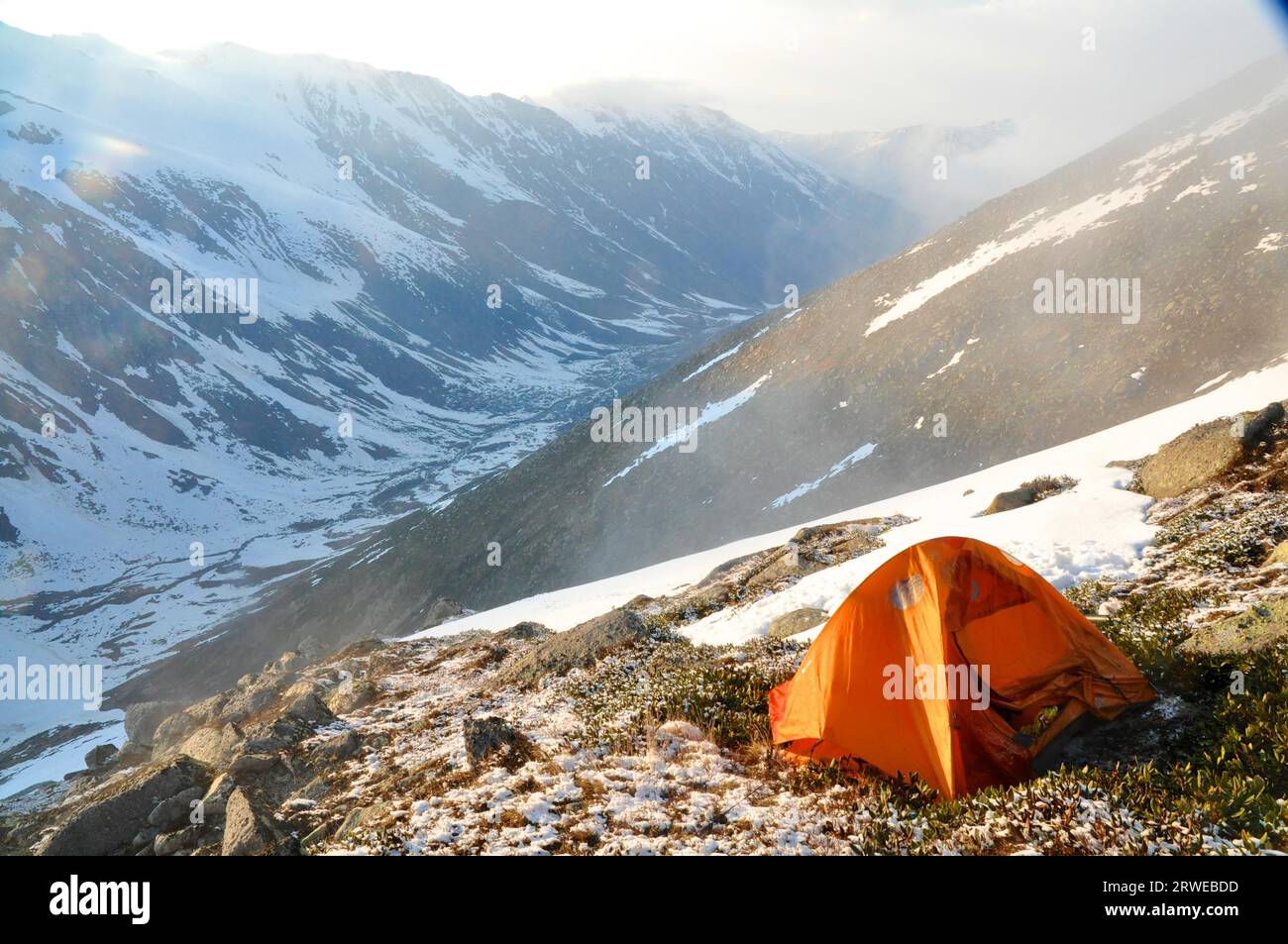 Tent on the slopes of Kackar Mountains in Turkey bathing in sunlight ...