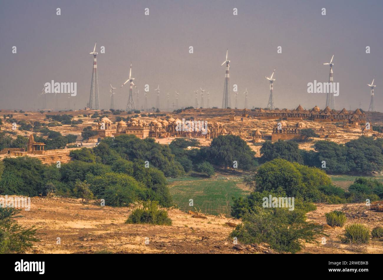 Panoramic view of wind turbines standing among bushes in Thar Desert ...