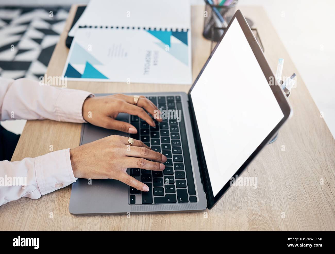 Laptop screen, hands and office person typing administration work ...