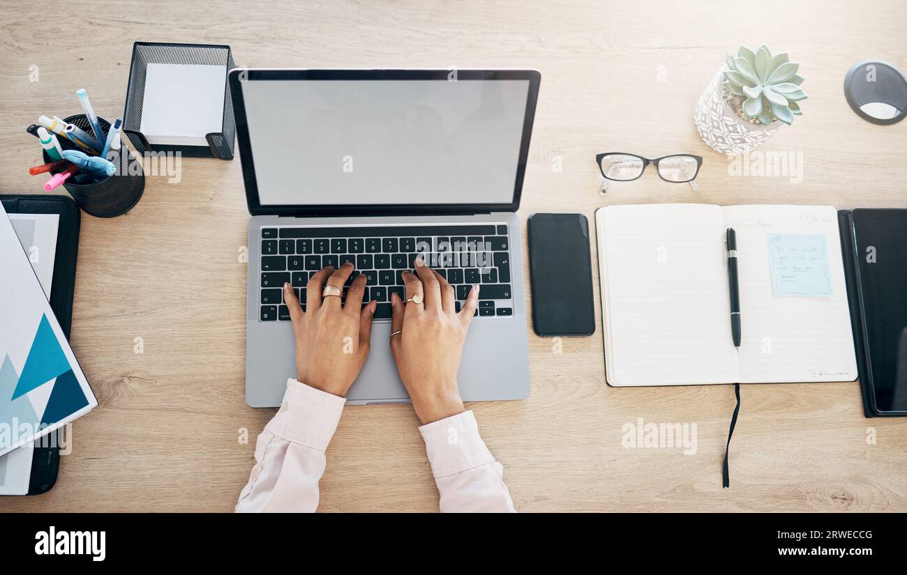 Laptop screen, secretary hands and person typing administration work ...