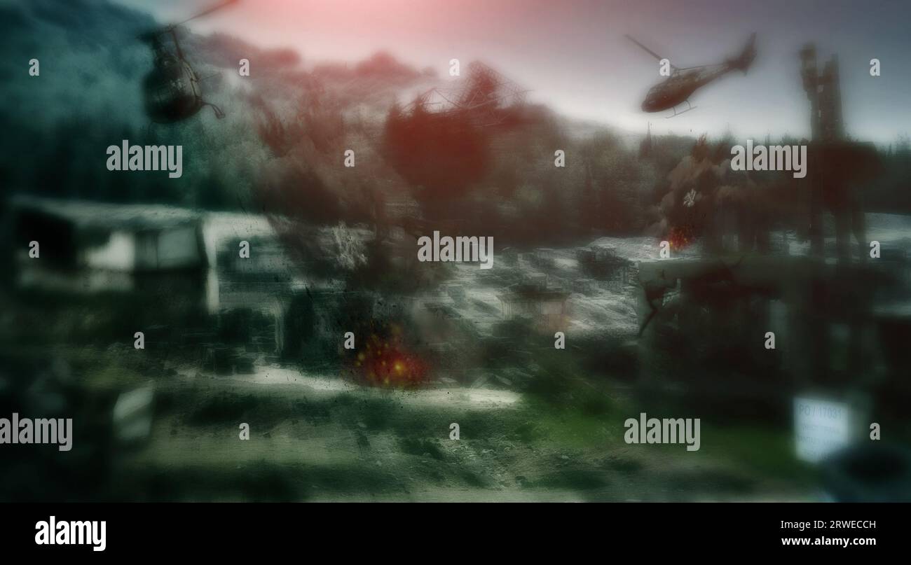 Military, warzone and apocalypse with explosion on battlefield for ...