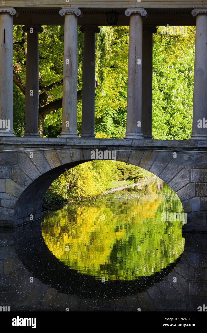 Reflections on water under an old arch bridge with columns in the ...
