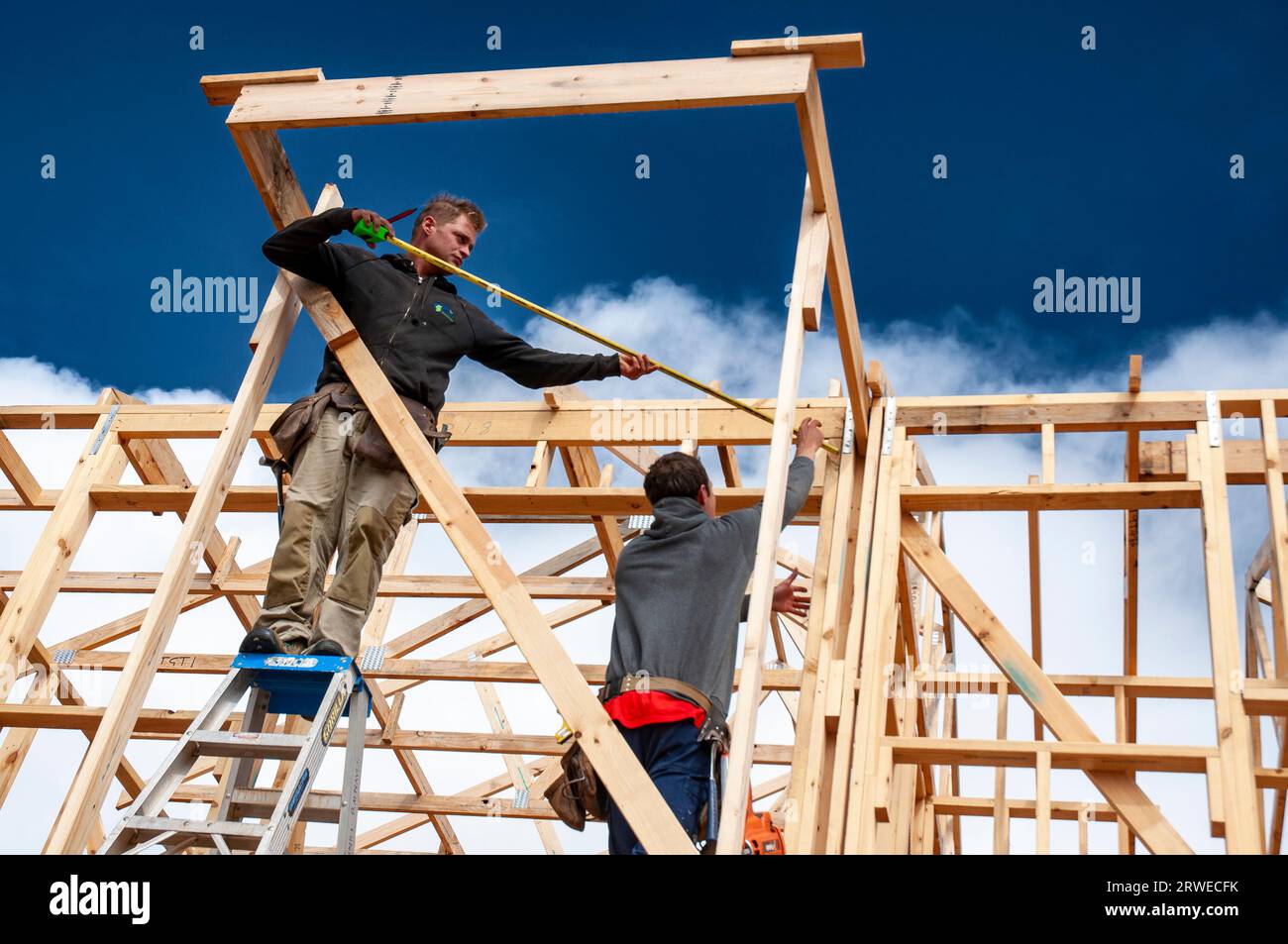 Tradesmen taking measurements in building a timber framed house in ...