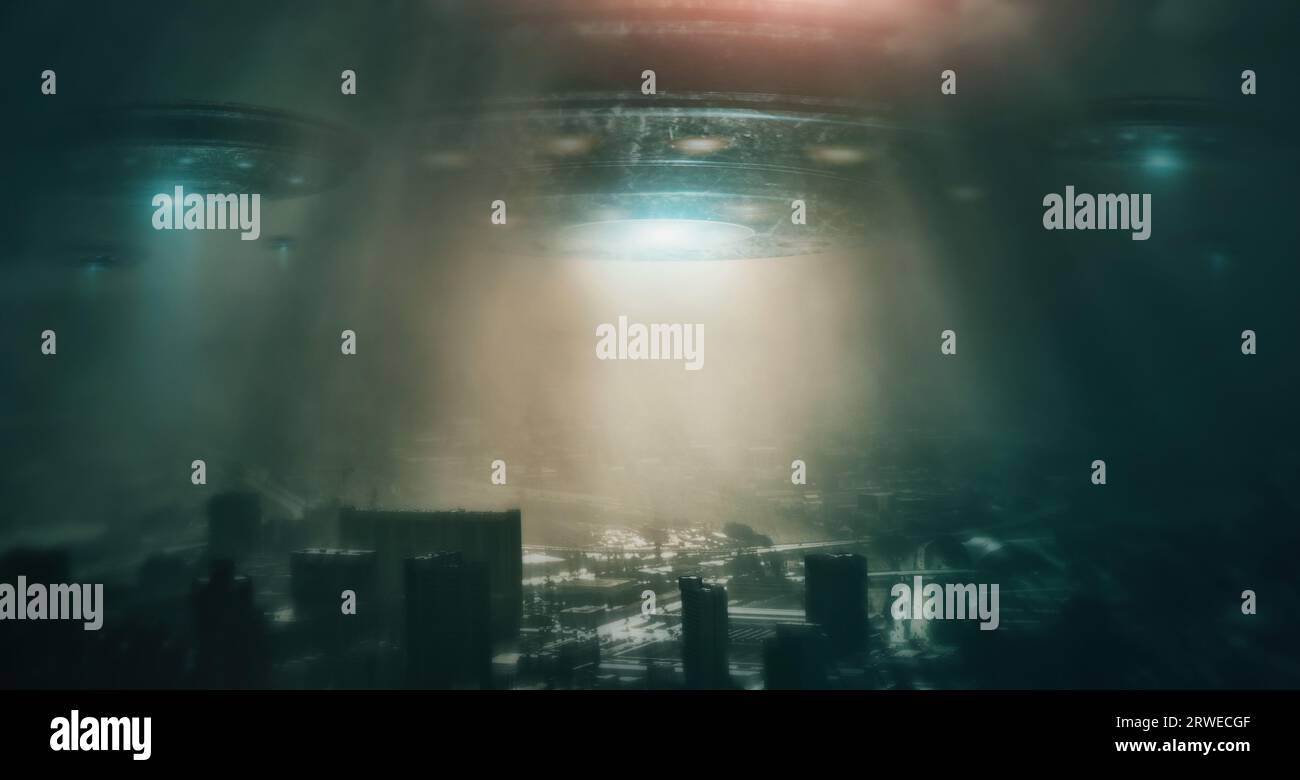 City, night and ufo in sky, spaceship and surreal alien invasion ...