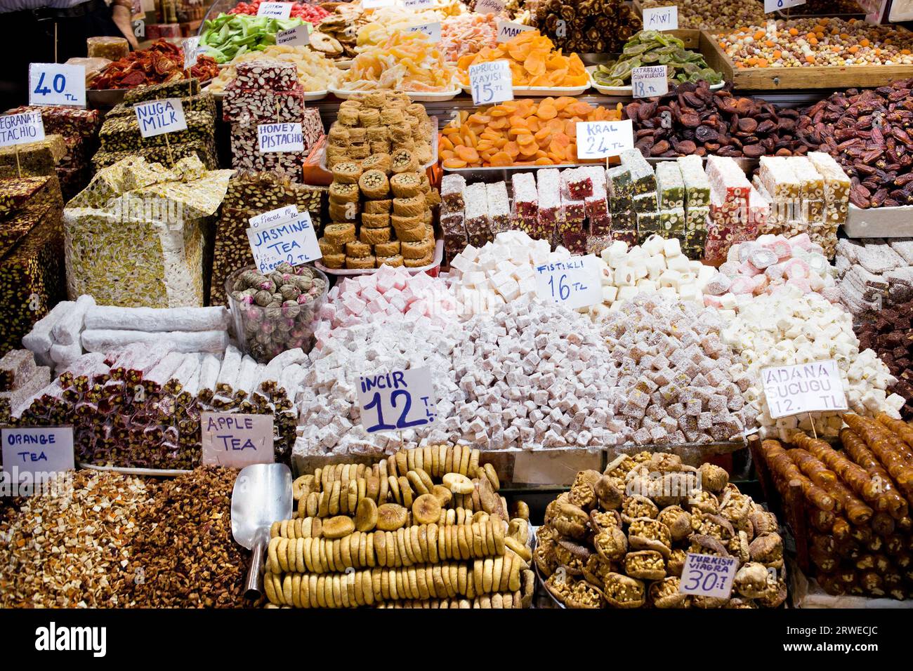 Traditional Turkish delight sweets, teas, dried fruits, nuts at the ...