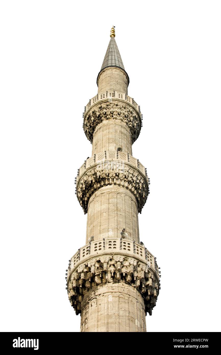 Blue Mosque (in Istanbul) (Turkey) minaret isolated on white background ...