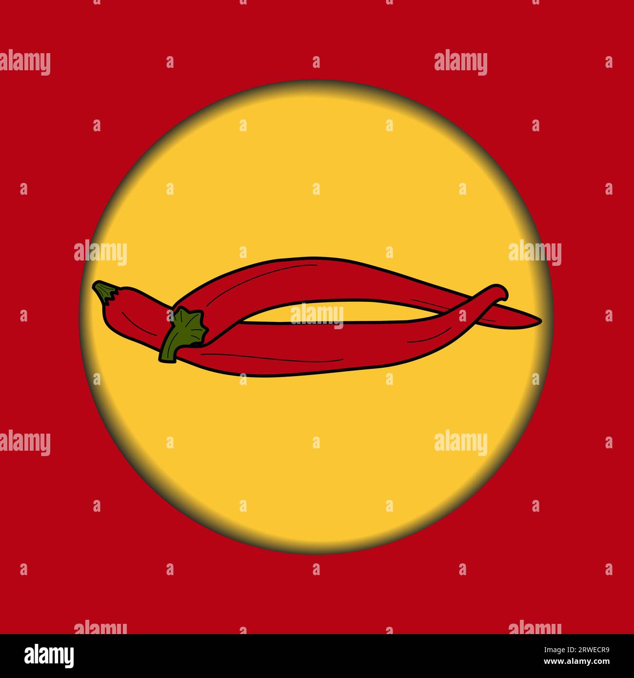 Two red hot chili peppers on cut paper background in trendy bright ...
