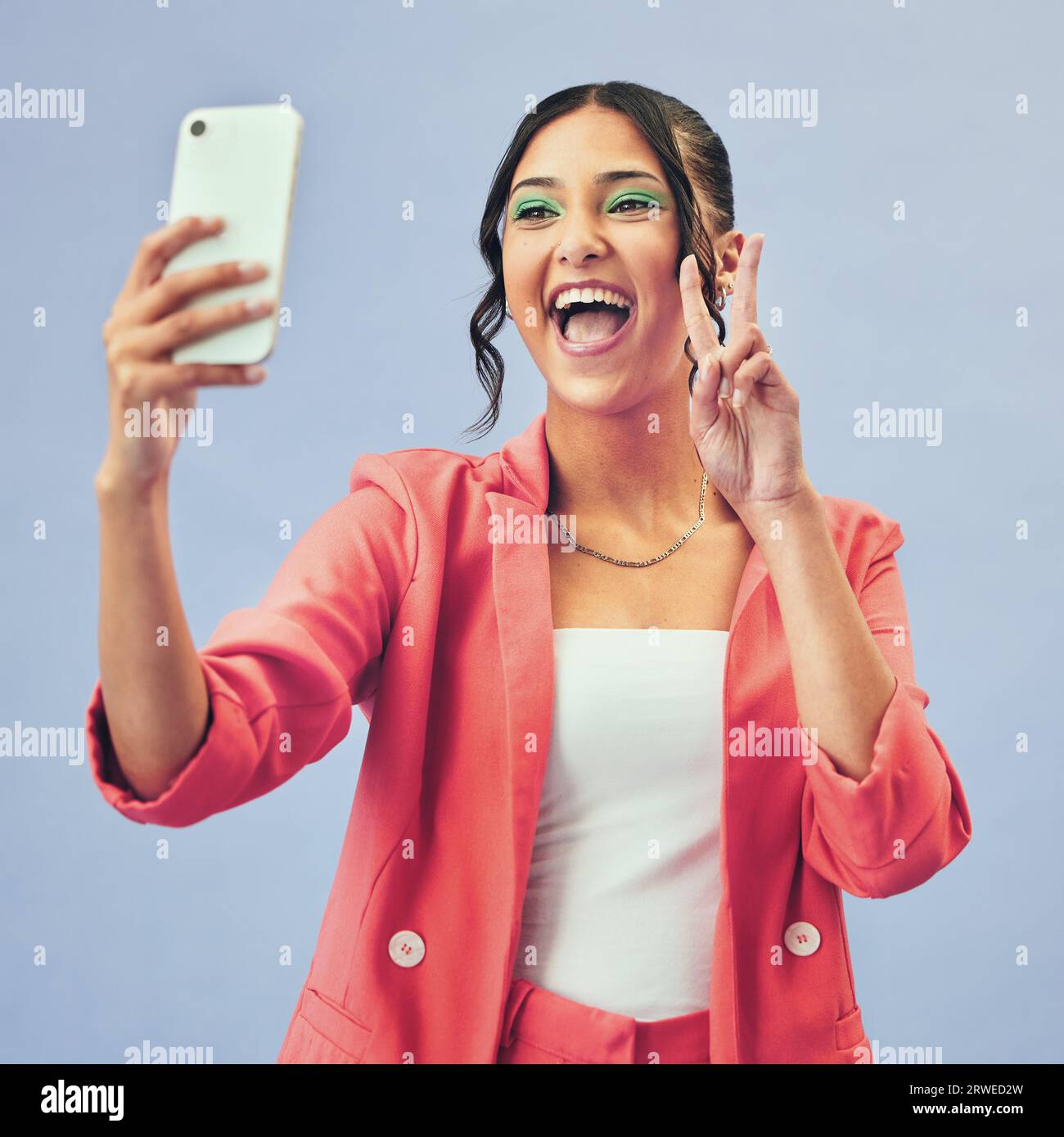 Phone, selfie and woman with a peace sign from social media and profile ...