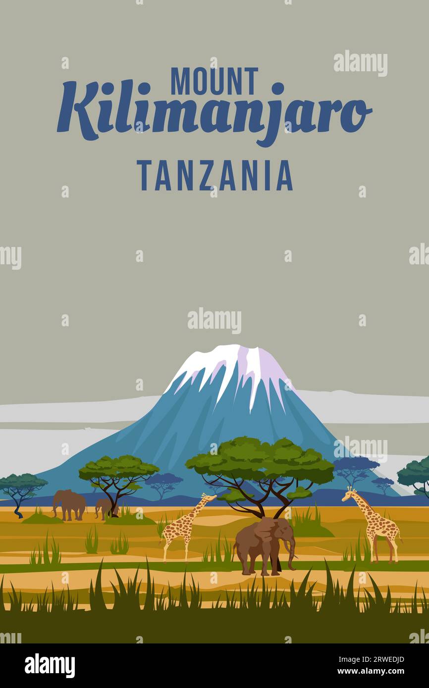 Africa travel poster savanna sunset Kilimanjaro Tanzania Stock Vector ...