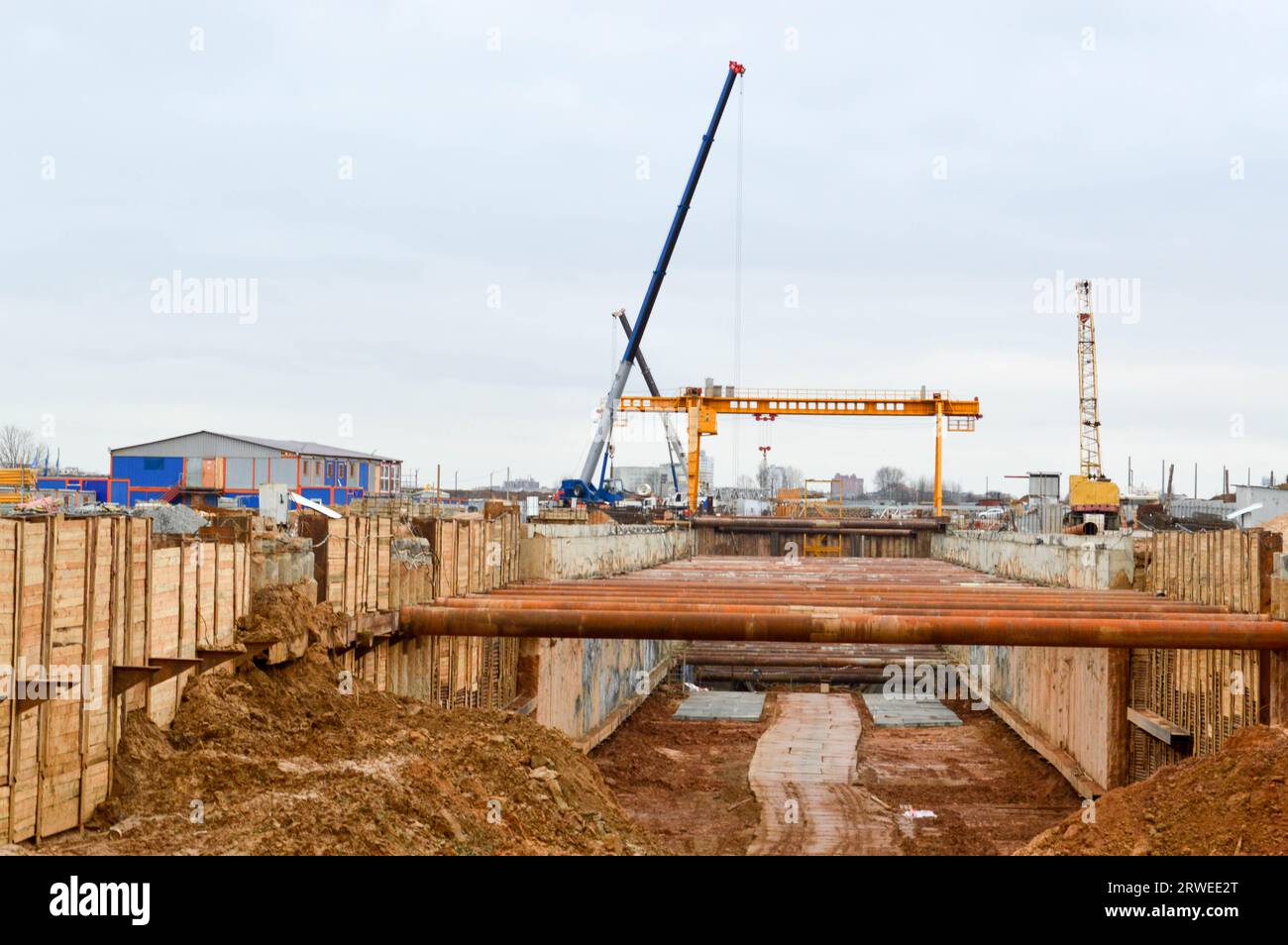 A large huge ditch pit tunnel with reinforcing structures from thick ...