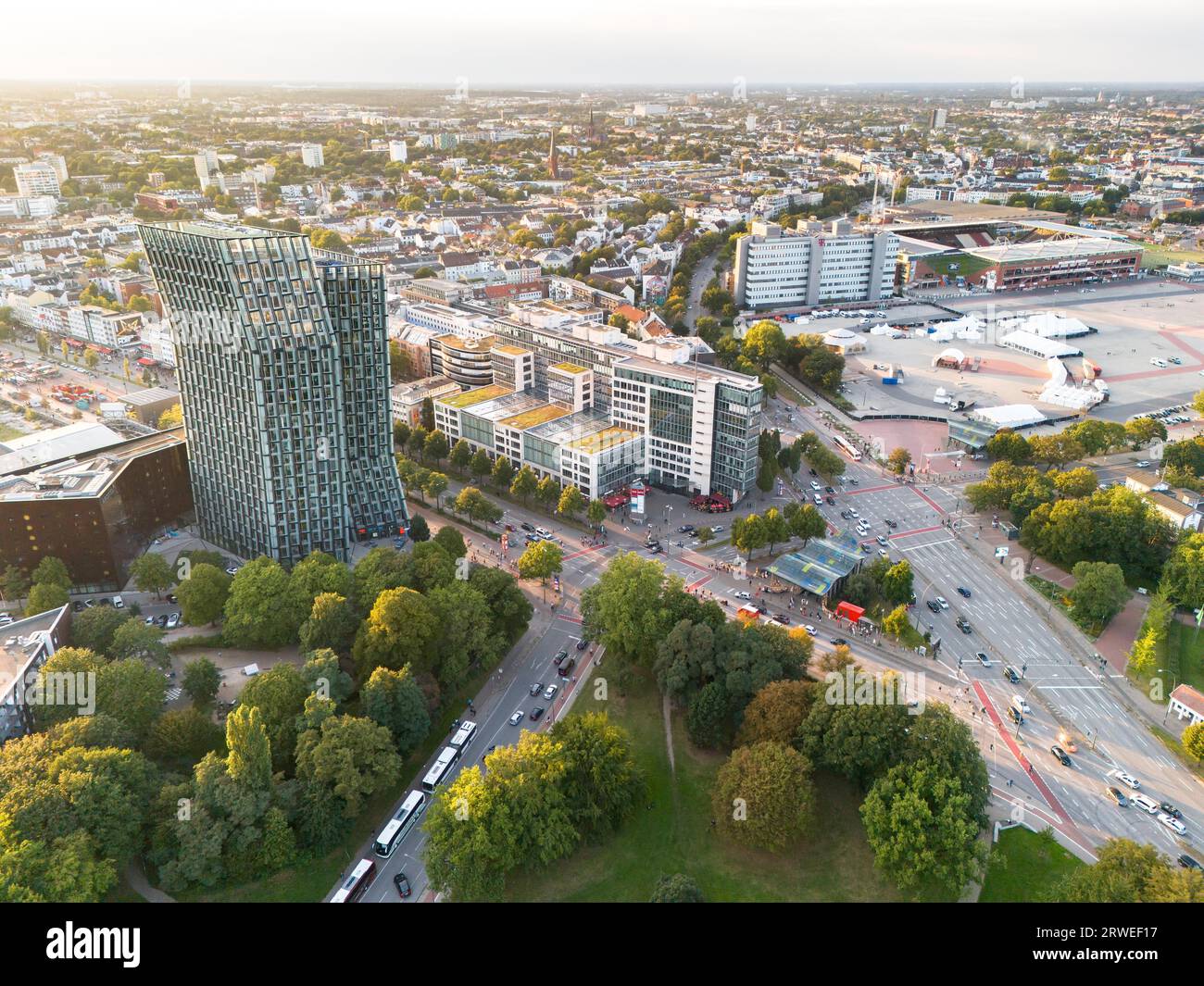 Aerial view Reeperbahn with Heiligengeistfeld, Millerntor-Stadion ...