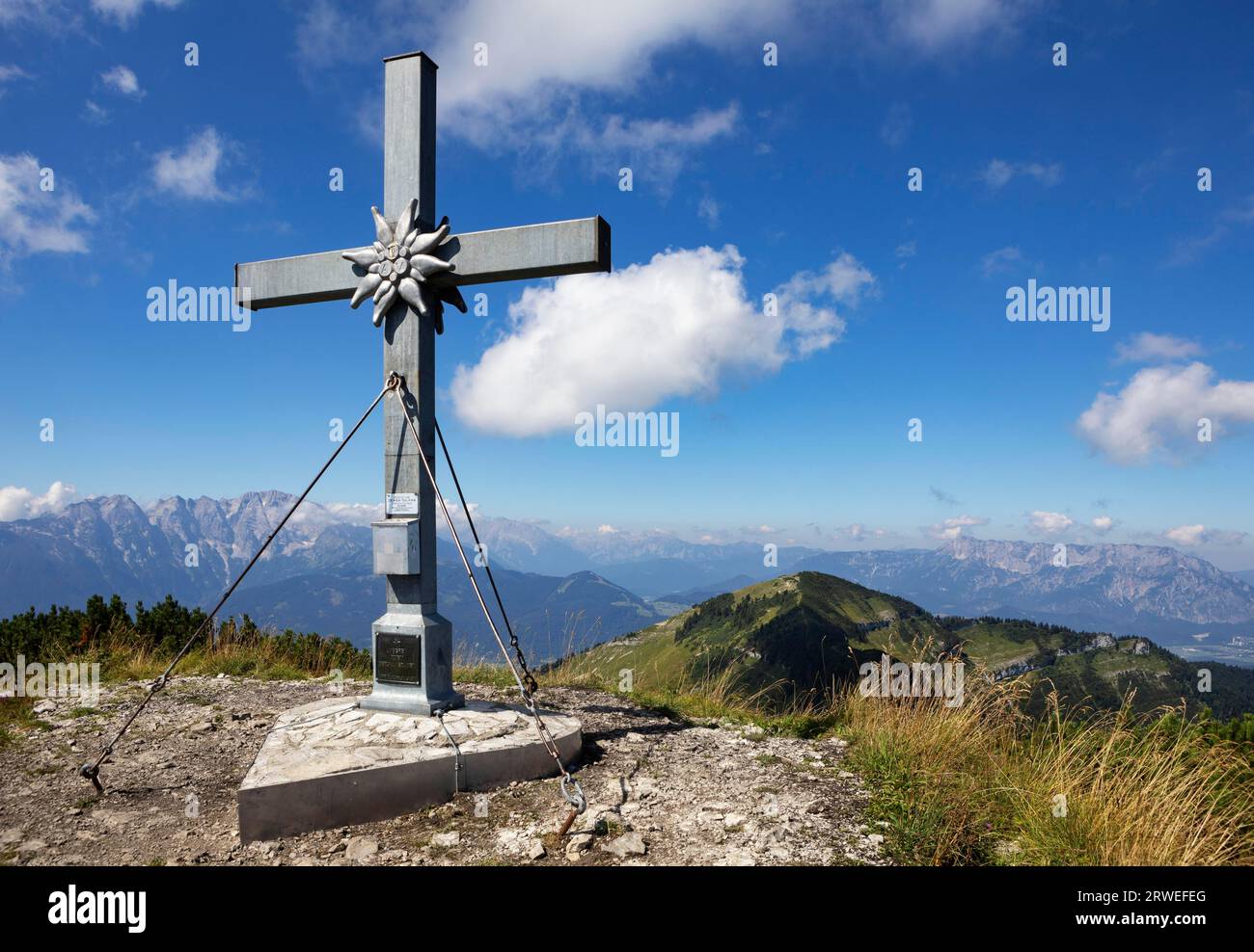 Summit cross on the Schmittenstein, Osterhorn Group, Salzkammergut ...