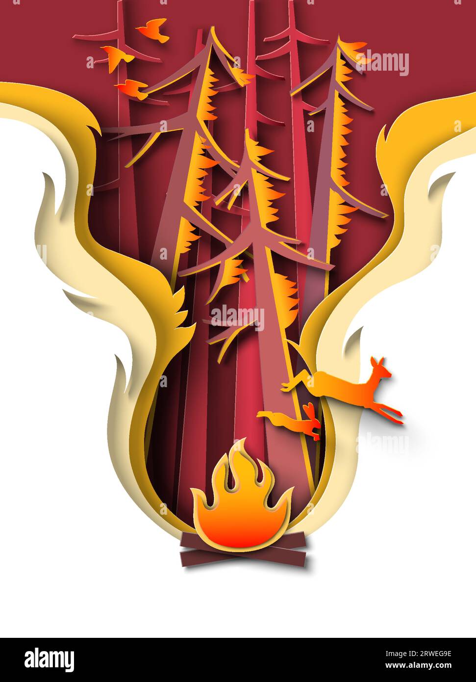 Burning forest with spruce trees on fire and running animals Stock ...