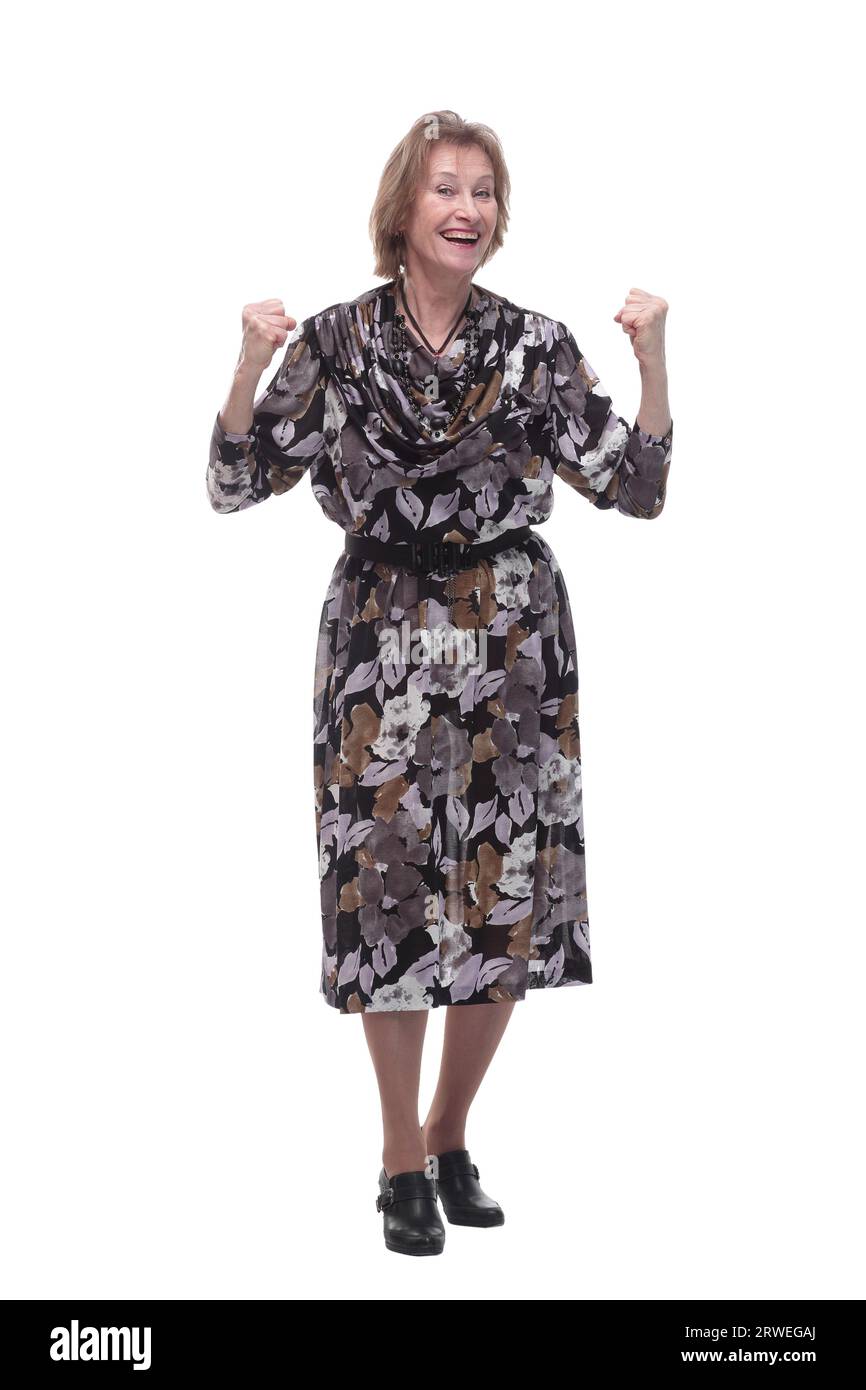 Old adult glad excited cheerful lady smiling, laughing, screaming ...