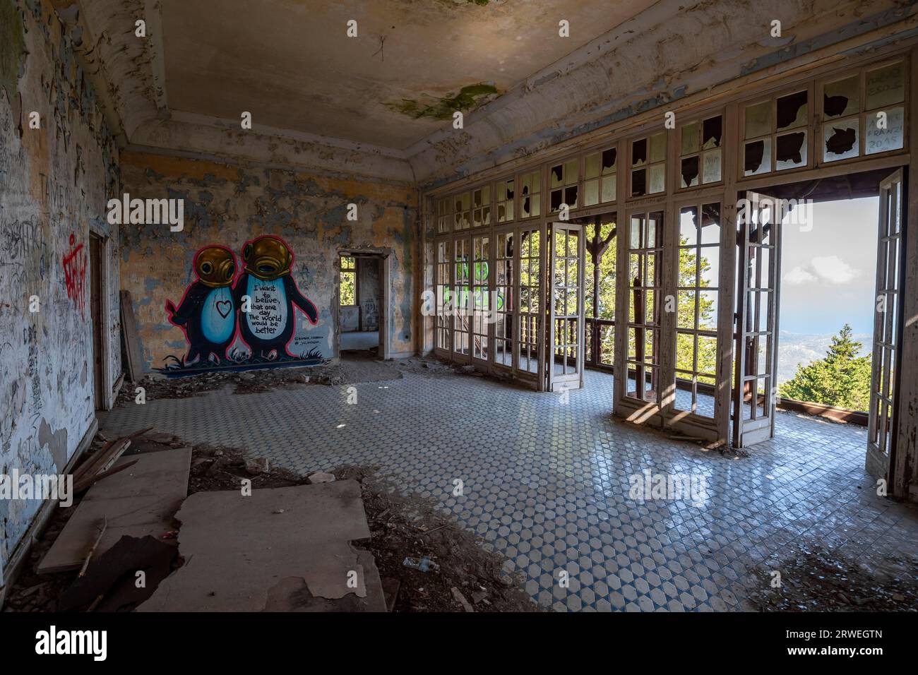 Lost Place, interior with windows, graffiti, Villa de Vecci, Villa ...