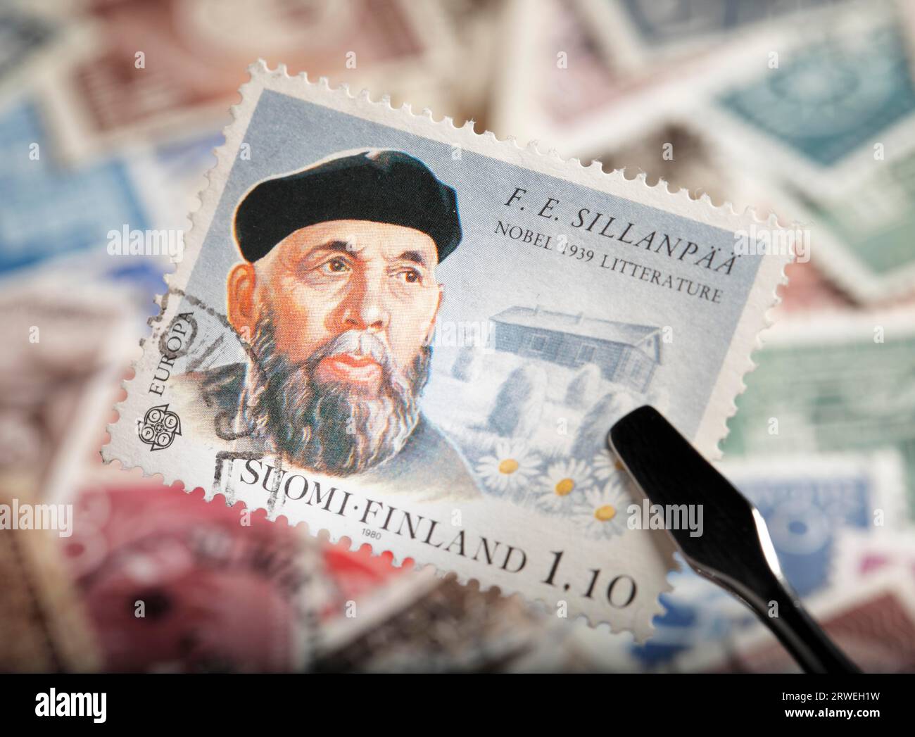 Finnish commemorative stamp from 1980. Frans Eemil Silllanpaeae ...