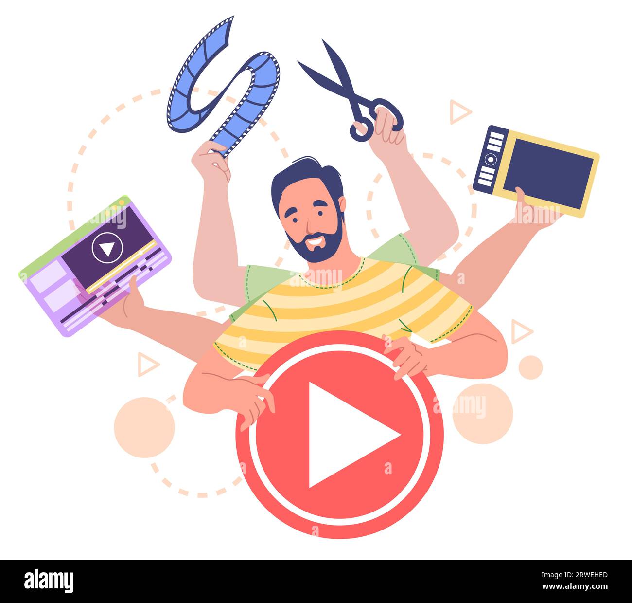 Multitasking man motion designer character with many hands using different tools for video ...
