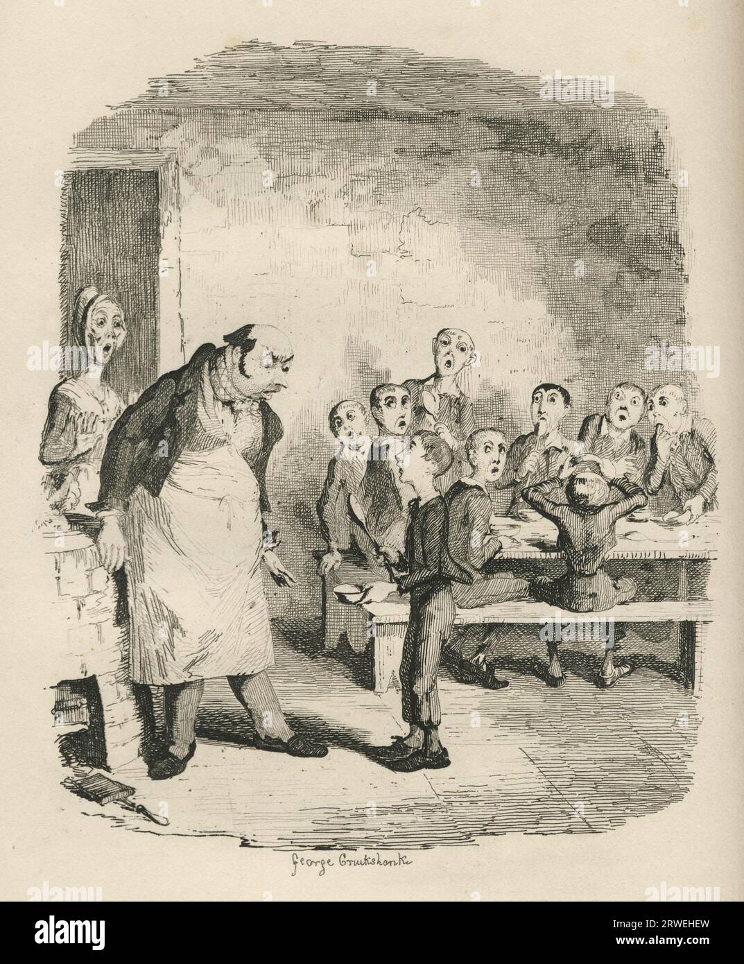 Oliver asking for more. 19th century illustration from Charles Dickens ...