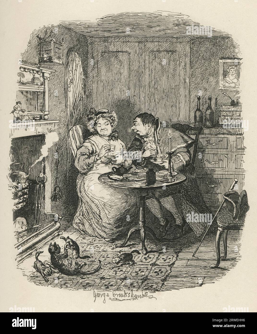 Mr. Bumble and Mrs. Corney taking tea. 19th century illustration from ...