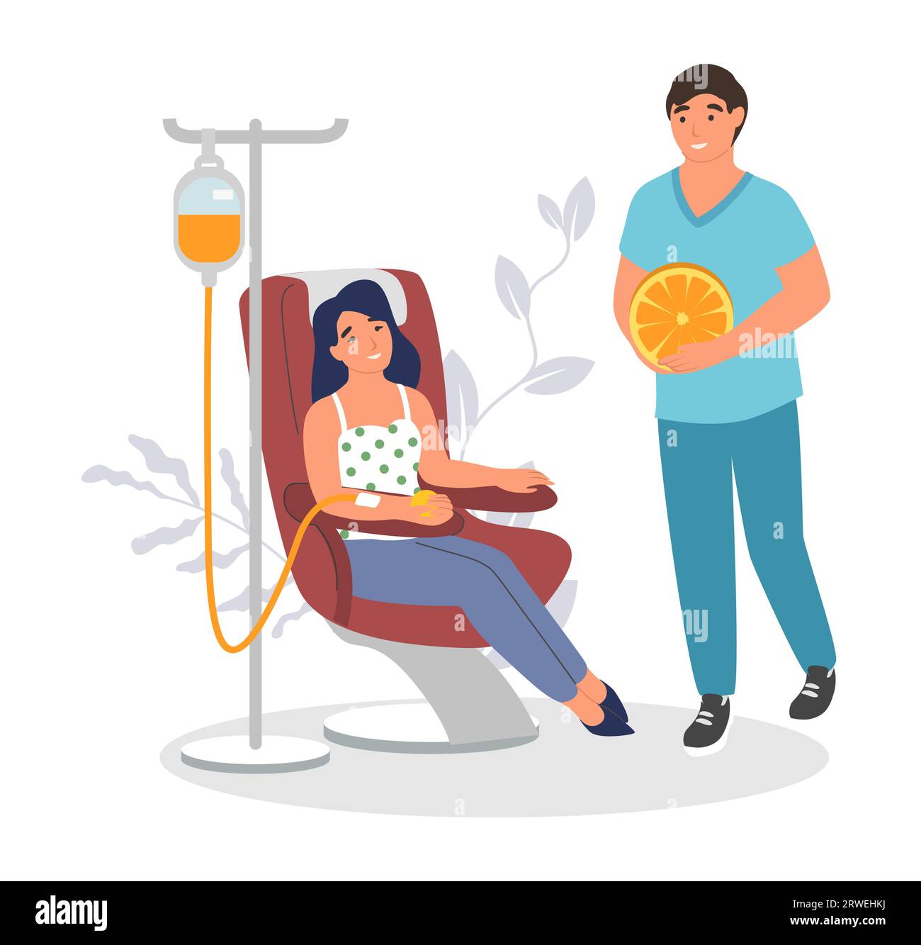 Young happy woman patient getting orange vitamin intravenous injection ...