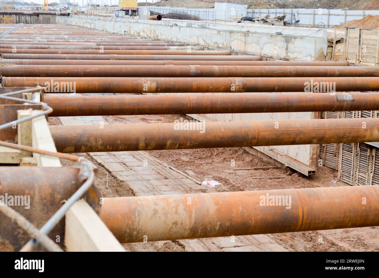 A large huge ditch pit tunnel with reinforcing structures from thick ...