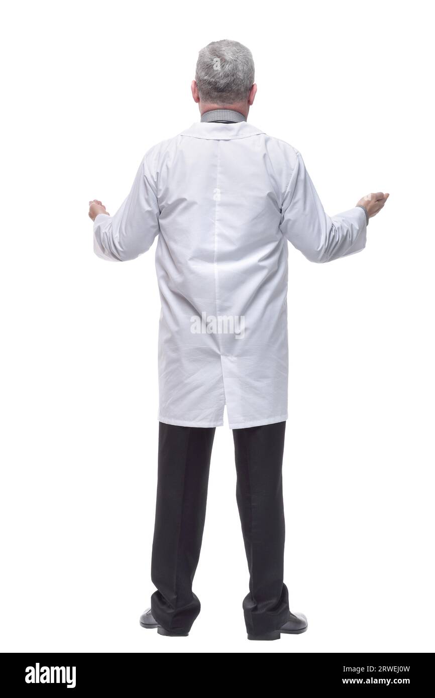 Rear view of medical doctor, man standing back wear doctors lab white ...