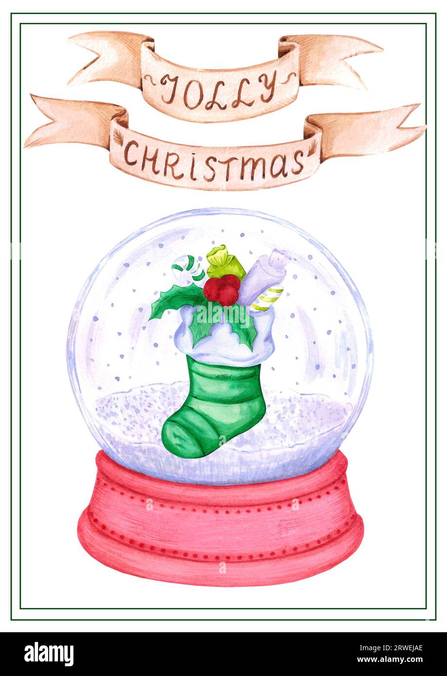 Hand drawn watercolor christmas stocking with snow globe postcard ...