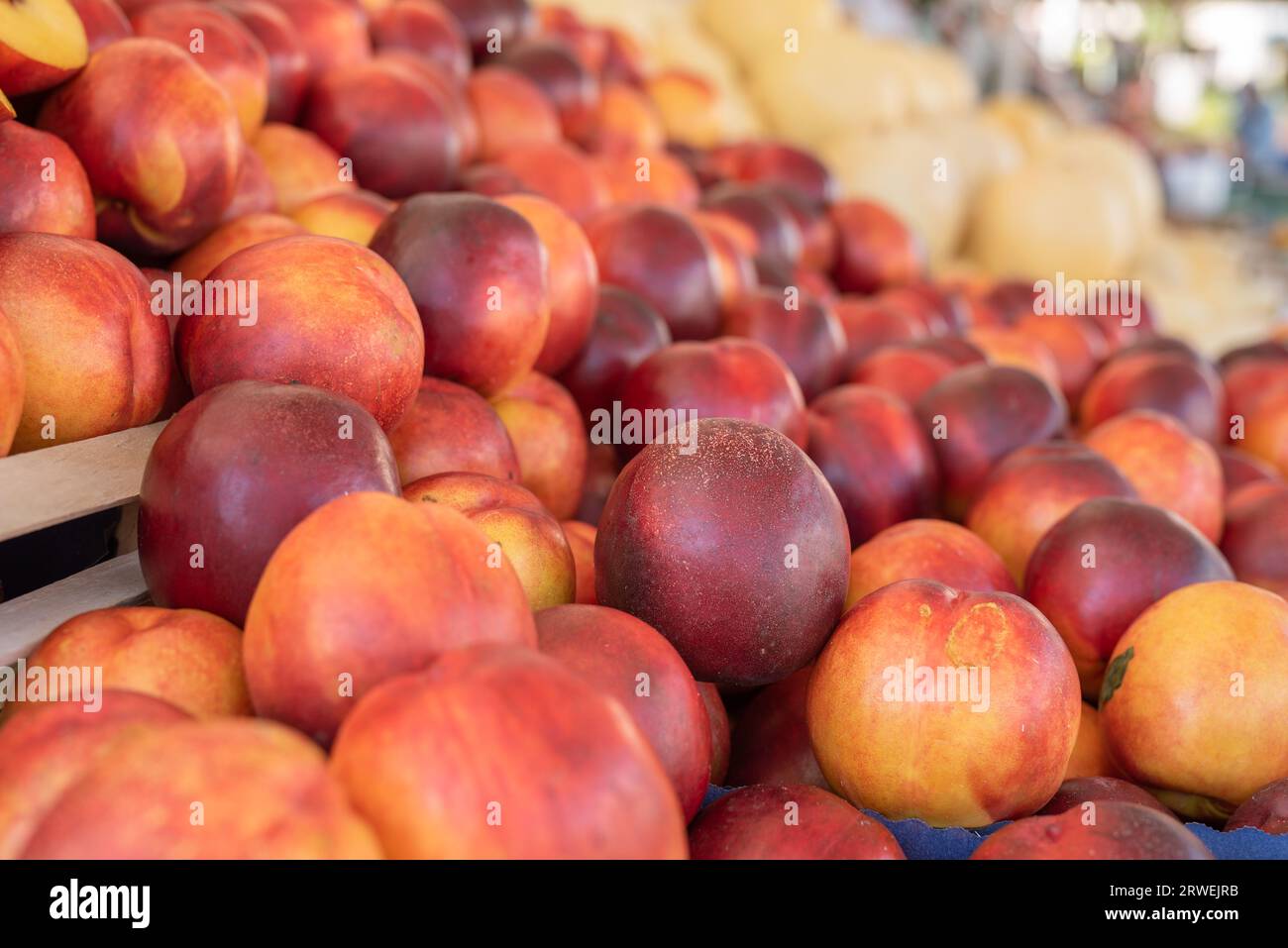 Heap of ripe nectarines on street food market Stock Photo - Alamy
