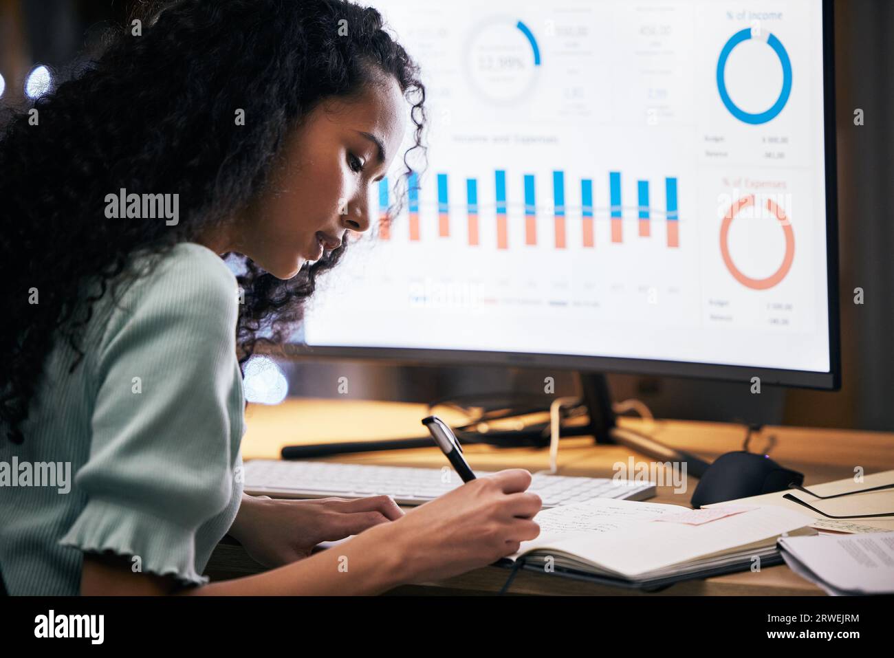 Business woman, night and computer screen, data analysis with analytics ...