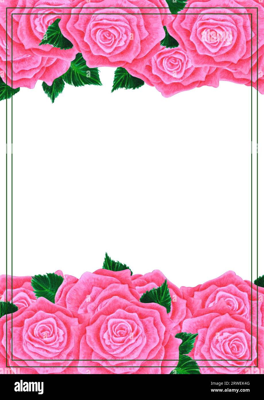Hand drawn watercolor pink rose frame isolated on white background. Can ...