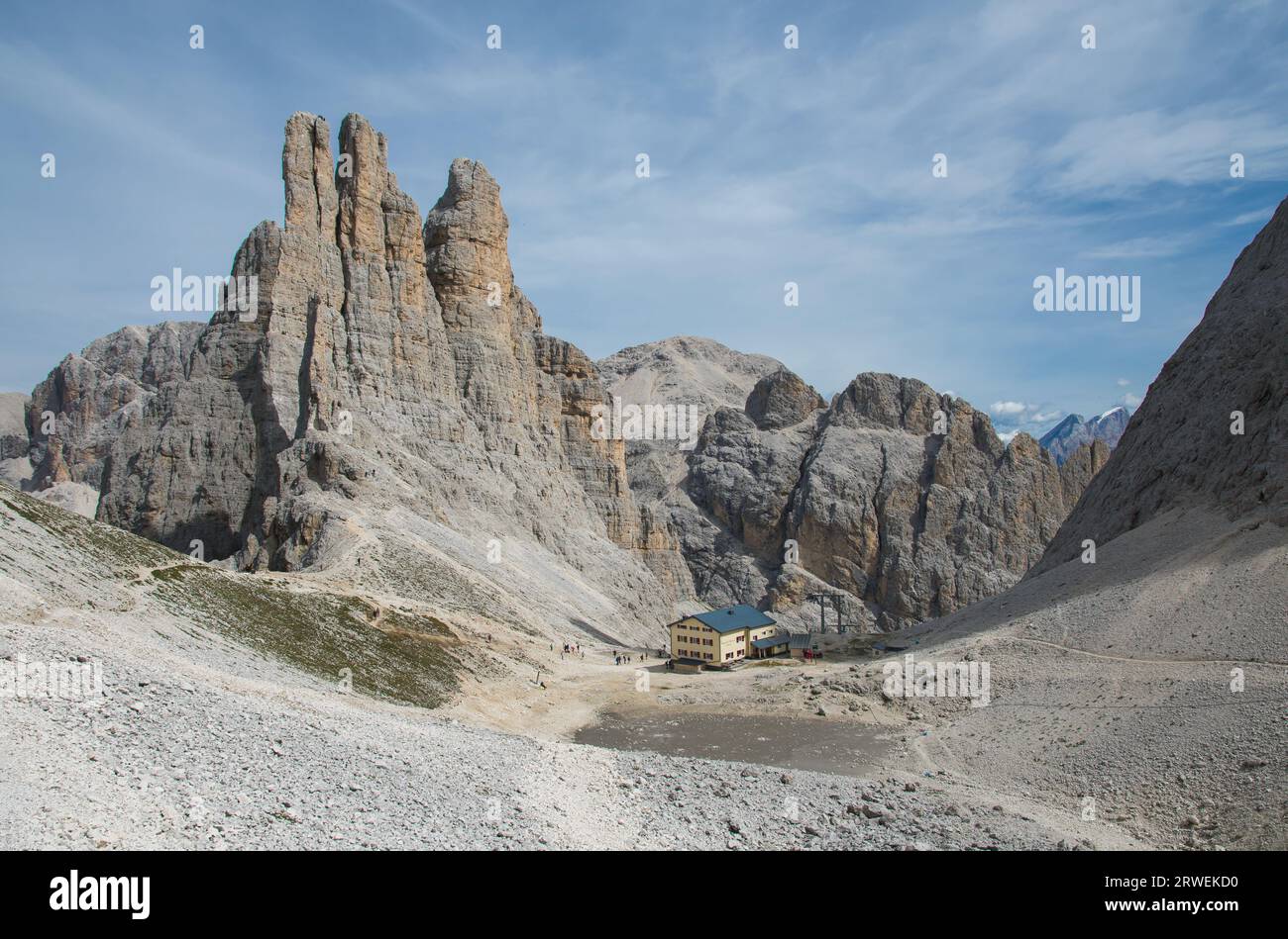 Wonderful view of the famous Vajolet towers against blue sky in the ...