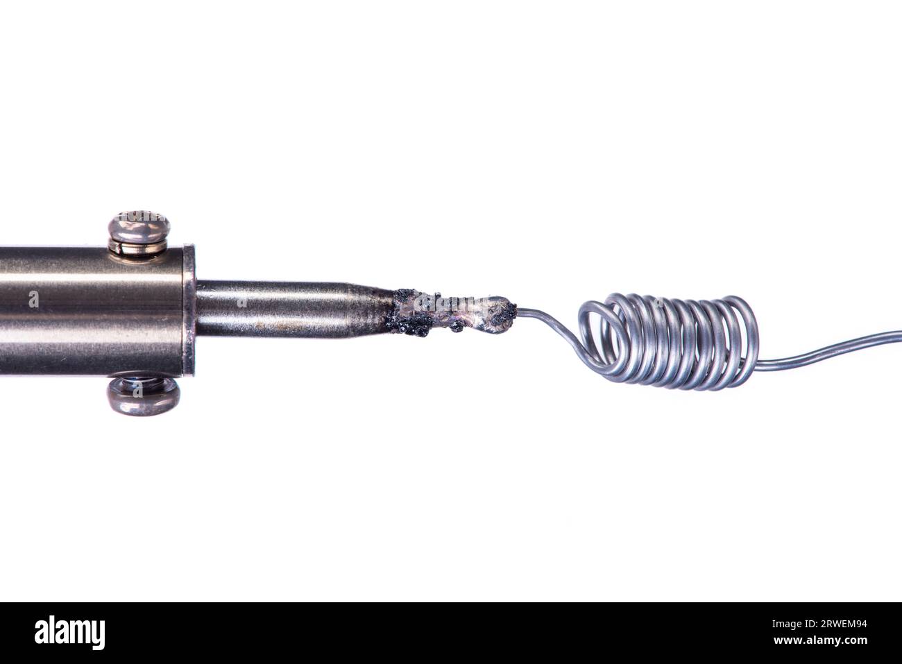 Soldering iron and tin, electronics workshop equipment, isolated on ...