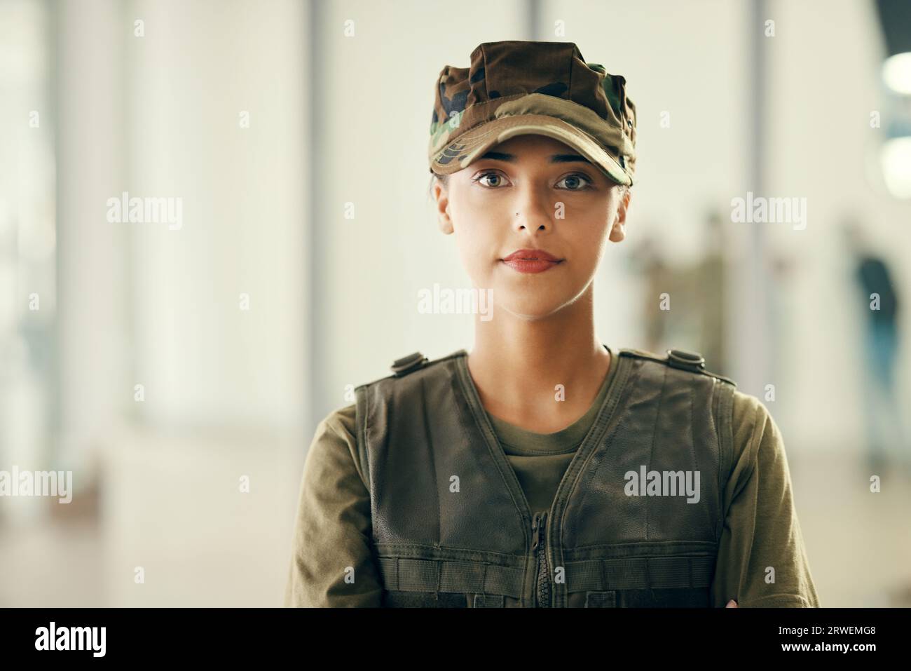 Army, serious and portrait of woman soldier with confident, pride and ...