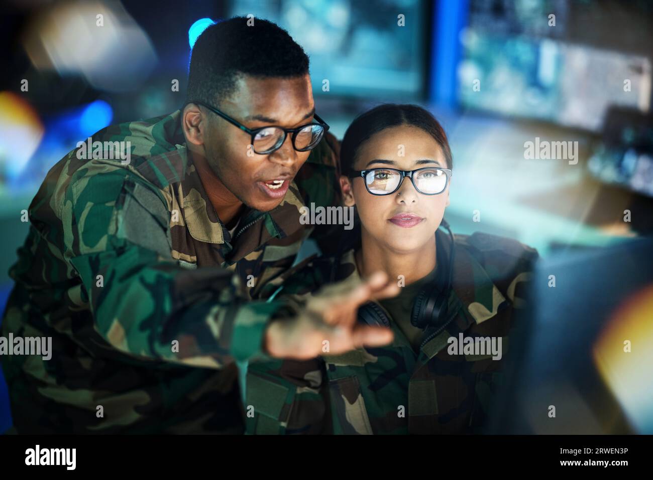 Night surveillance, army and people with a computer for communication ...